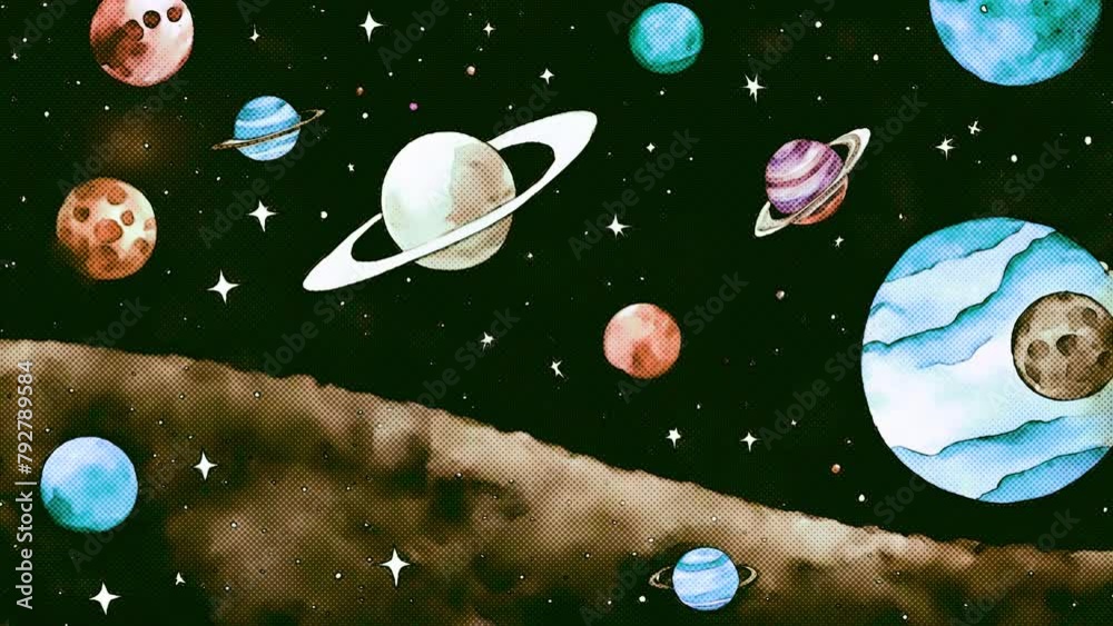 Kids drawing universe space rocket Stars and planets. pulsing in space ...