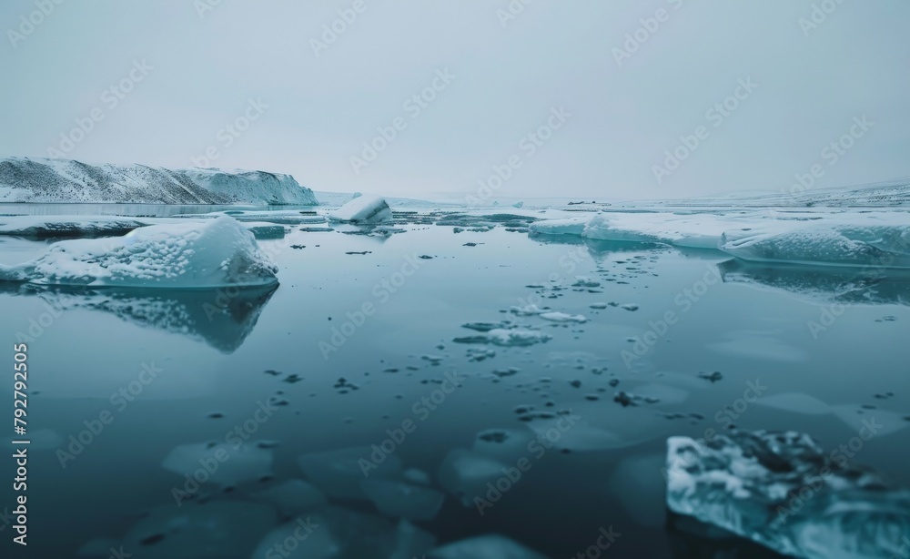 Layers of ice and snow in an arctic region, with visible signs of ...
