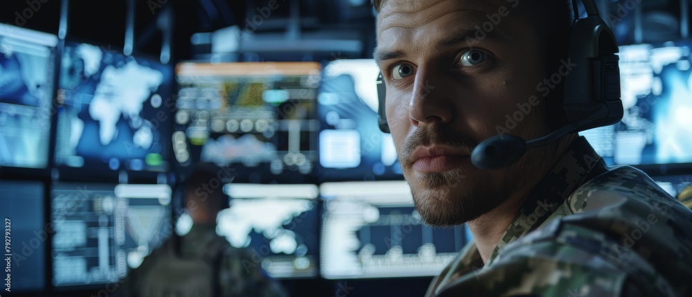 Military Technical Support Professional uses headset to give ...