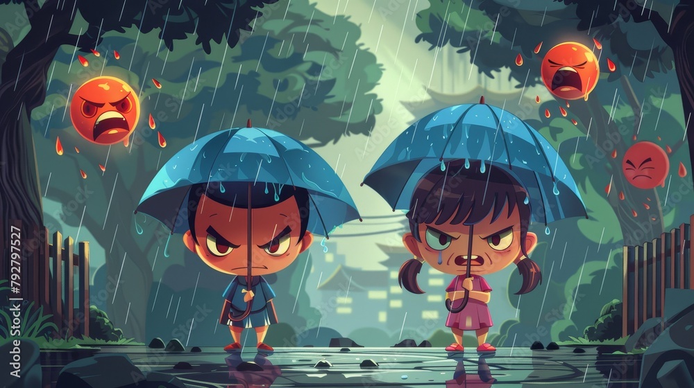 Angry red angry emoji falling down on asian kids under umbrellas ...