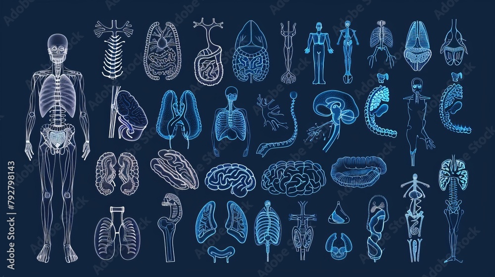 Set of linear illustrations of human body parts. Anatomy. Health care ...