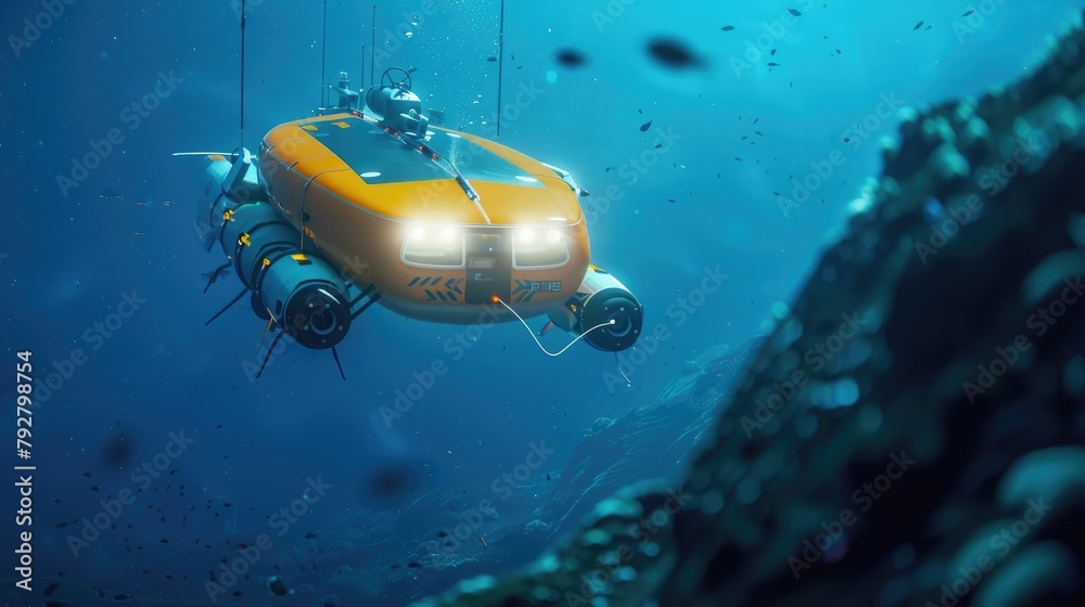 An autonomous underwater research vessel, equipped with sensors and ...