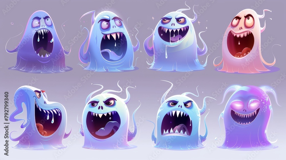 Cartoon Halloween characters. Funny spooks creatures showing different ...