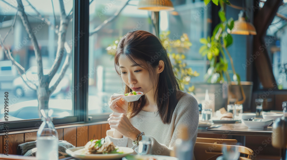 Young asian woman eating healthy food lunch inside modern restaurant ...