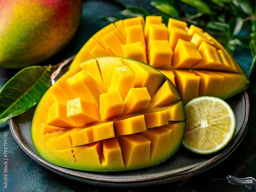 Background with fresh yellow and green mangoes. Mango cut into squares ...