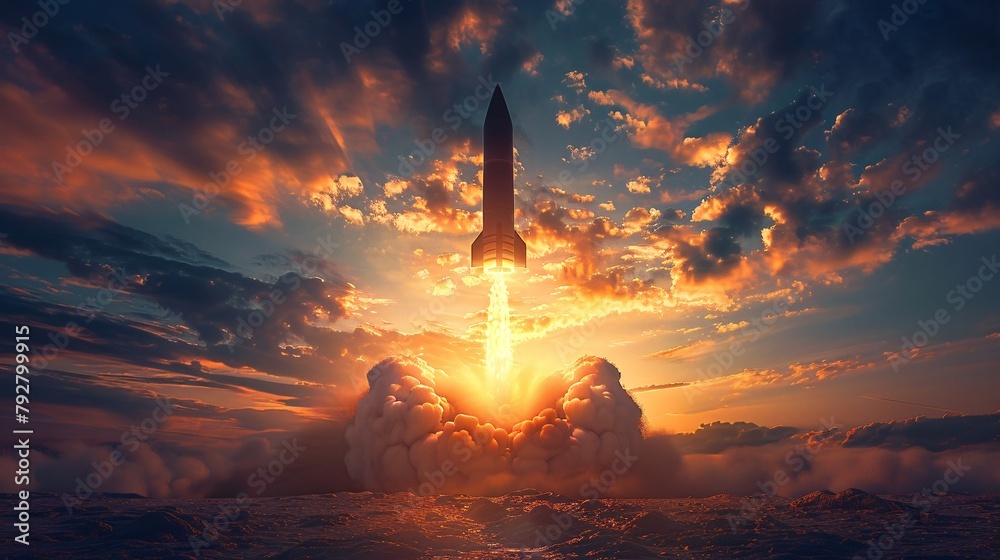 Secret military base launching a hypersonic missile at twilight a scene ...