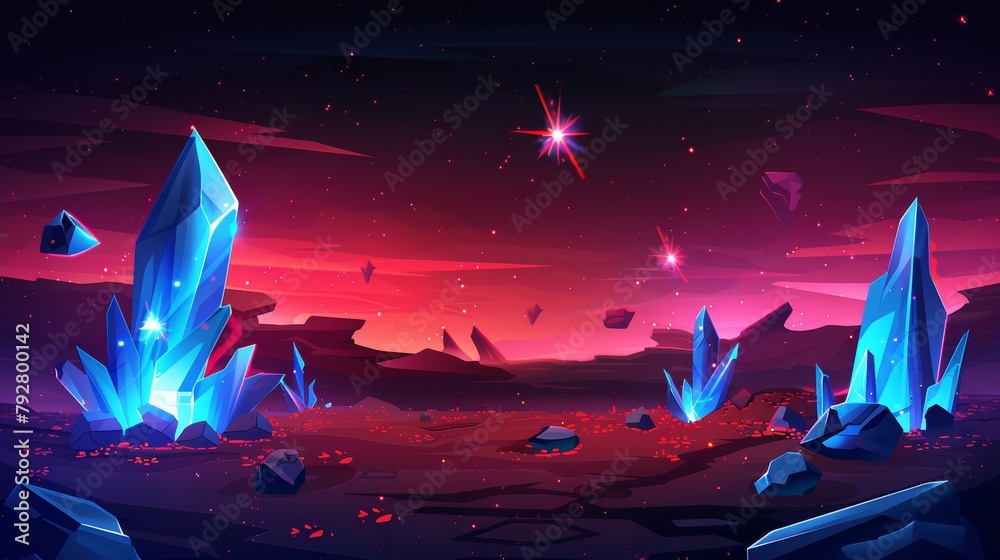 Space game background with desert cracked ground surface with blue ...