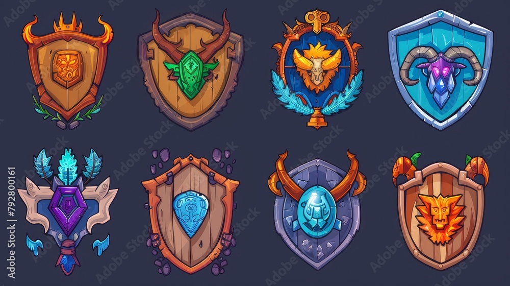 Modern set with cartoon avatar frames, levels UI icons, wooden shields ...