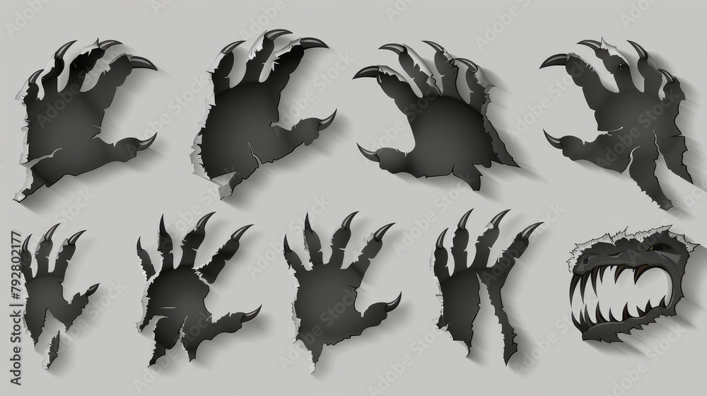 A set of realistic scratch marks on a grey background. Illustration of ...