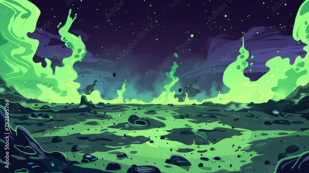 Space adventure game background with green alien planet surface with ...