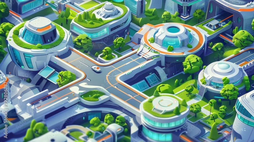 Future sustainable town cityscape with green trees and grass, overpass ...