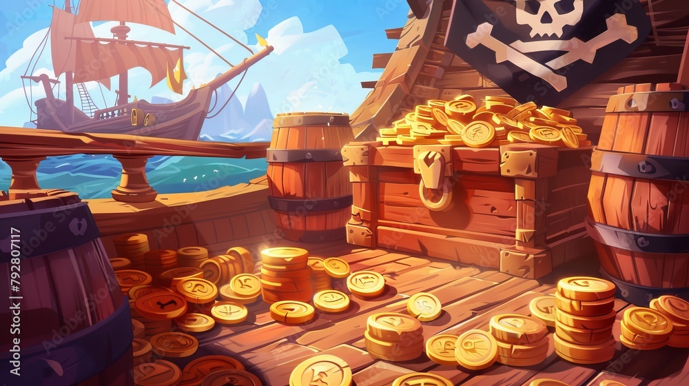 An illustration of a pirate ship deck, complete with a treasure chest ...