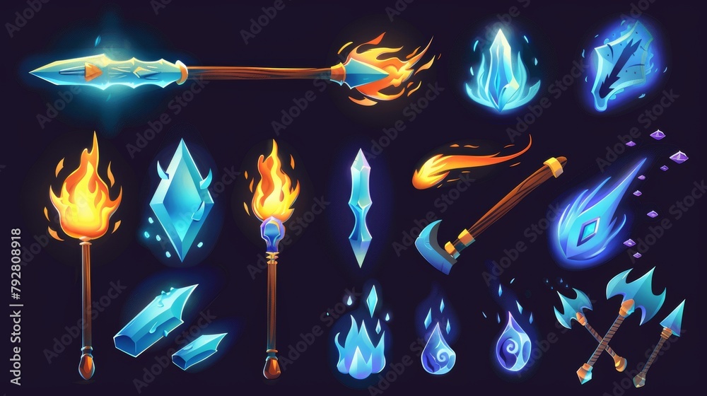 MMORPG guii element with medieval cartoon spear, lance, ax and poison ...