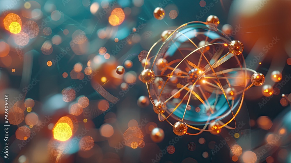 Design a 3D scene featuring a detailed molecular model of an atom set ...