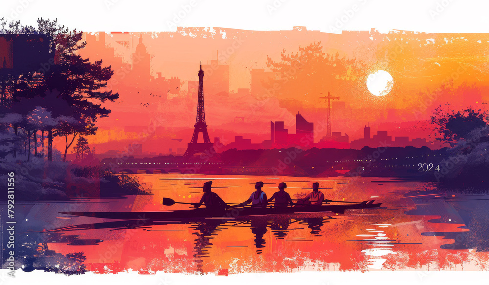 Generative ai illustration of a drawing for the Paris olympics rowing ...