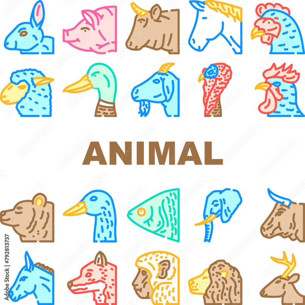 animal zoo pet face farm icons set vector. elephant cow, bear, pig, cat ...