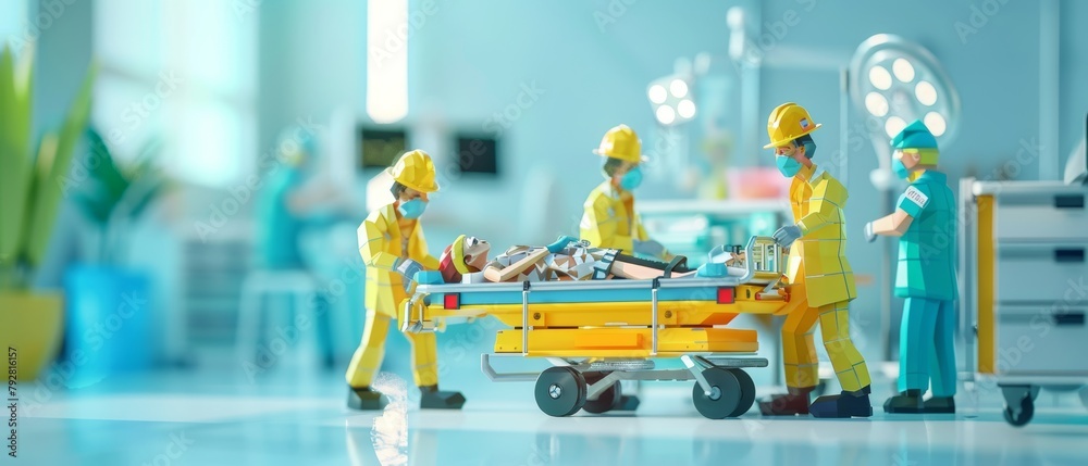 A nurse and paramedic push an injured patient on a stretcher or gurney ...