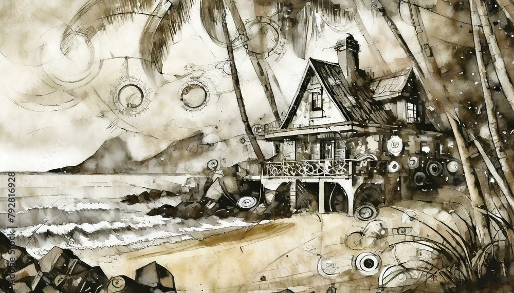 Artistic drawing of a seafront house, beautiful, tranquil paradise ...