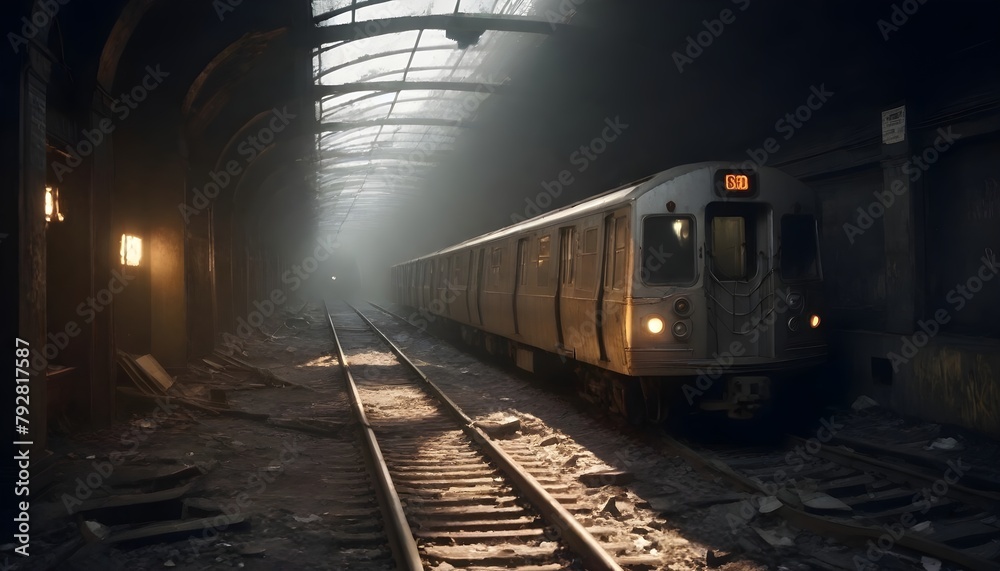 An old, abandoned subway train sits on the tracks in a dimly lit ...