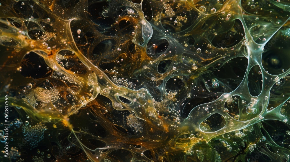 A chaotic tangled mass of green and brown algae extending in all ...