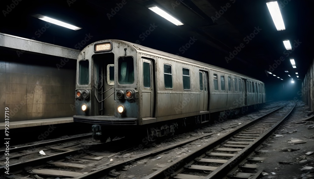 An old, abandoned subway train sits on the tracks in a dimly lit ...