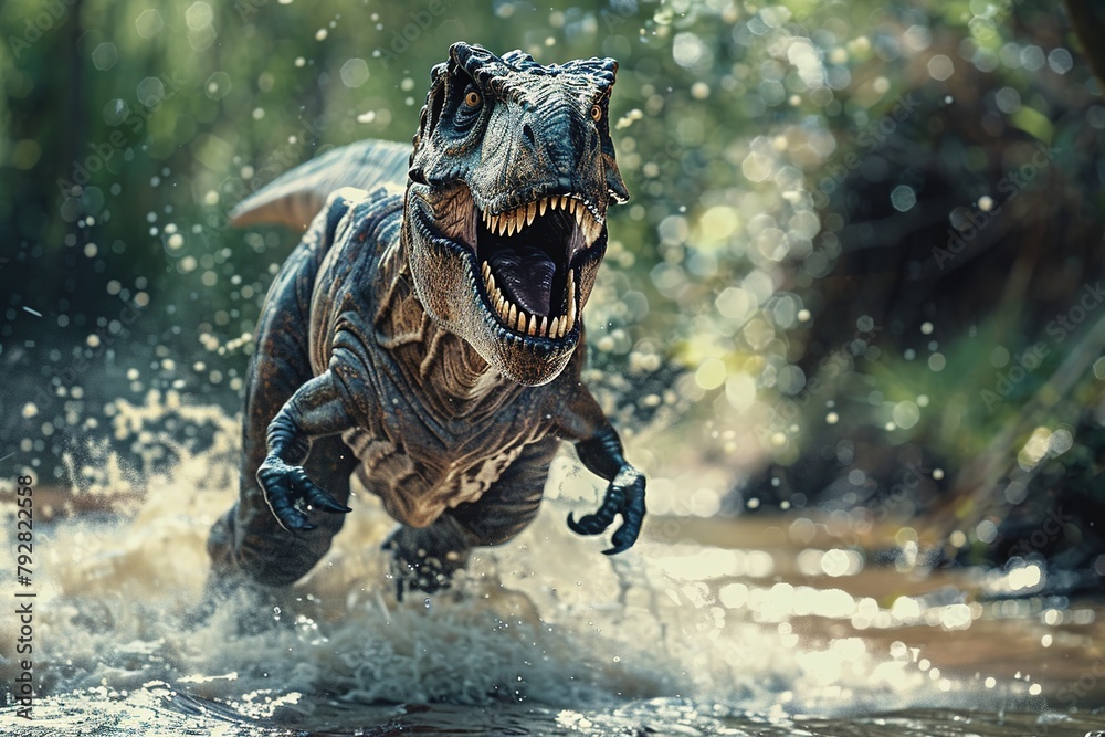 Running Dinosaurs jumping over the camera in a river with splashes. T ...