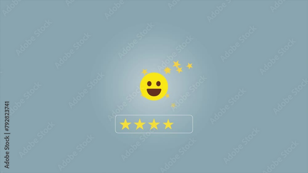 Five gold star review animation with happy emoticon and flying stars ...