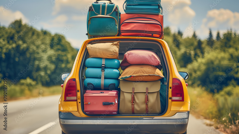 Car full of suitcases and bags to go on summer vacation Stock ...