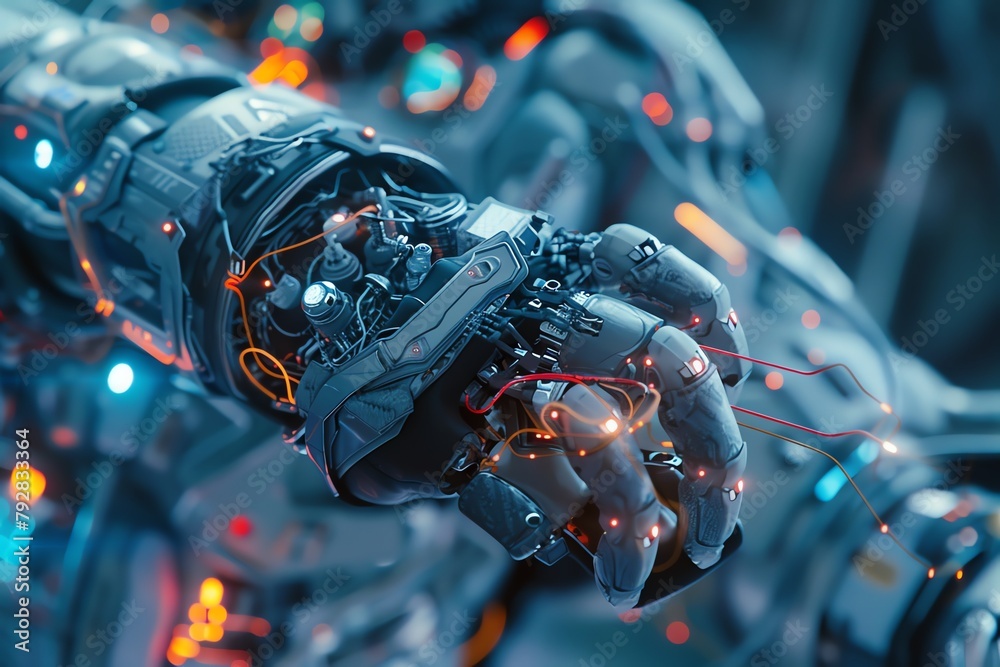 Imagine a futuristic exosuit in close-up detail, seen from a unique eye ...