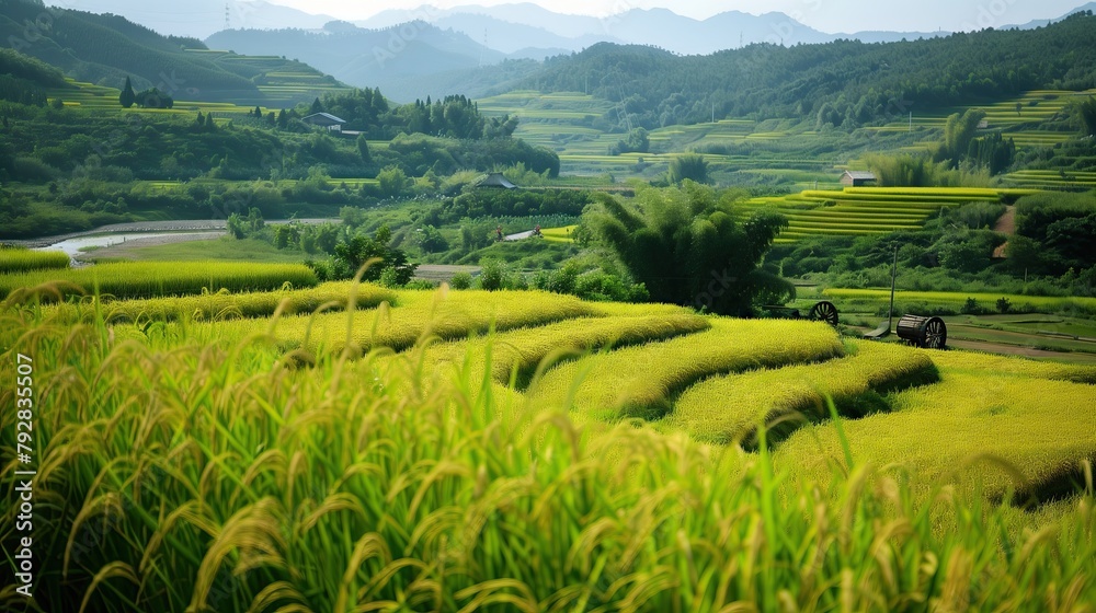 Plantation area The rice farming area has rice grains in the lush ...