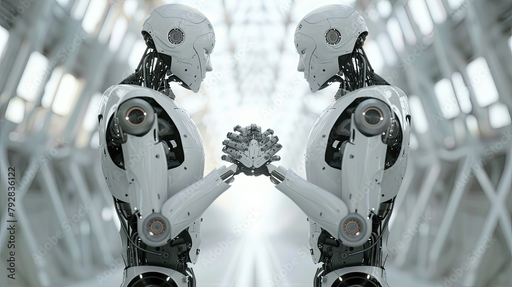 Imagine a representation where 3D rendering humanoid robots embrace ...