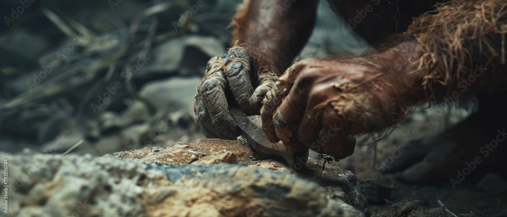 Caveman in animal skin hits rock with sharp stone and creates primitive ...