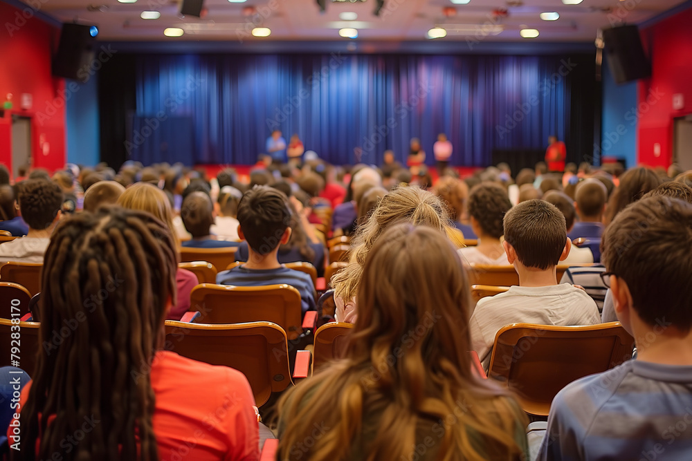 In a school auditorium - an open forum unfolds as students - teachers ...