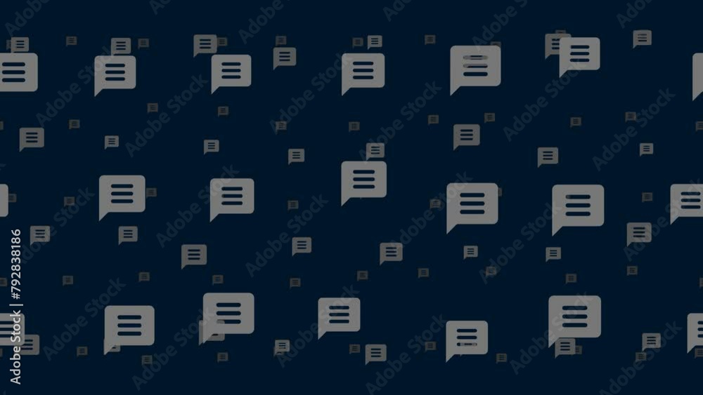 Chat symbols float horizontally from left to right. Parallax fly effect. Floating symbols are ...