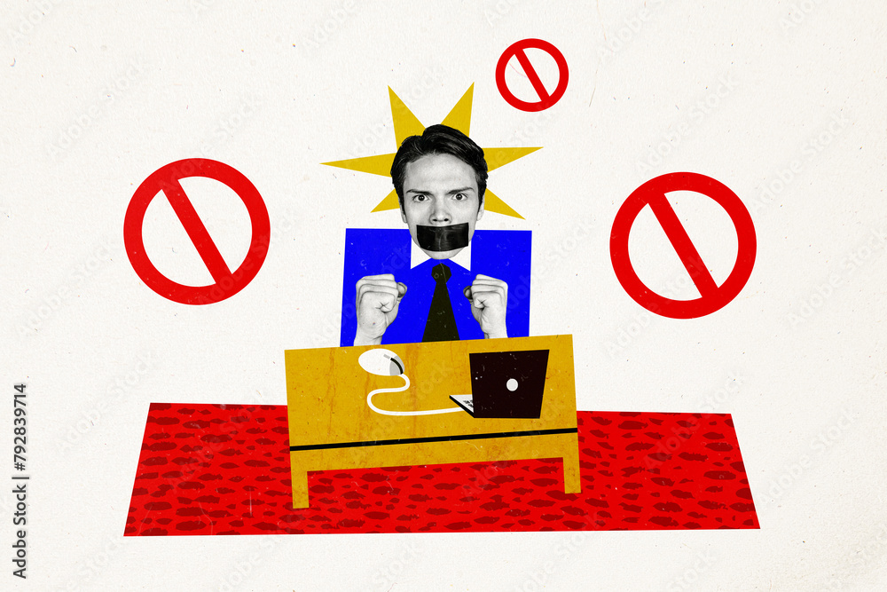 Collage sketch picture of aggressive irritated man with closed mouth ...