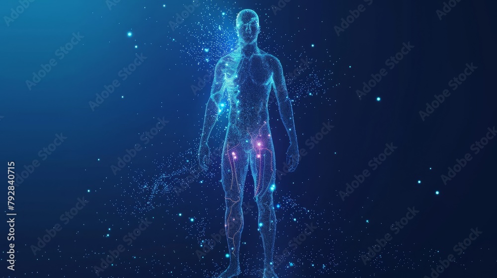 An abstract modern illustration of a human body with neon particles ...