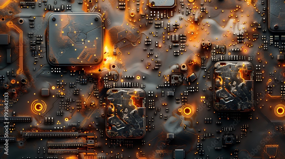 An artistic rendering of a segment of a motherboard magnified under a ...