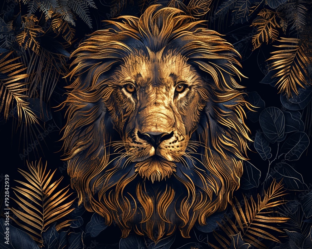 Opulent golden line art of a regal lion amidst a forest setting ...