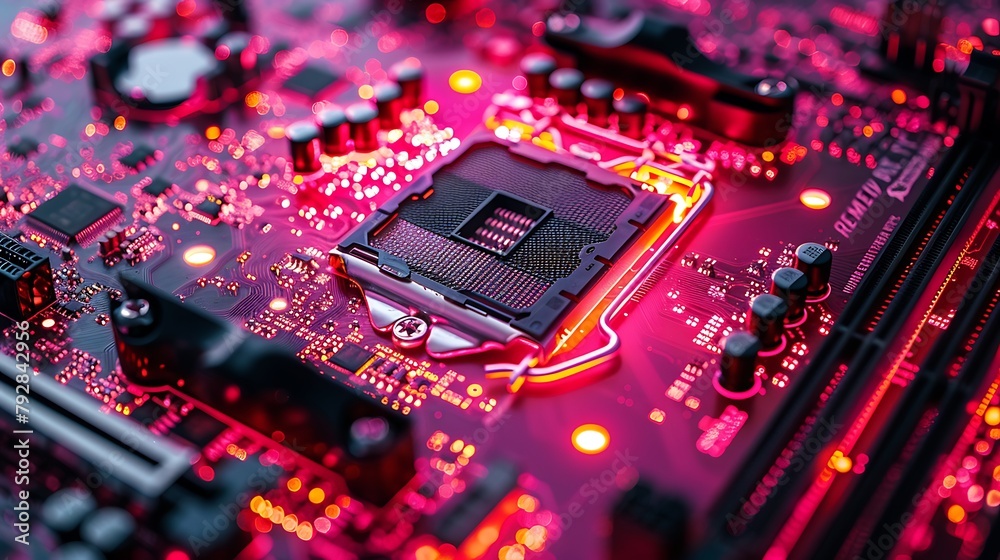 Focus on a thermal heat map of a gaming motherboard under load ...