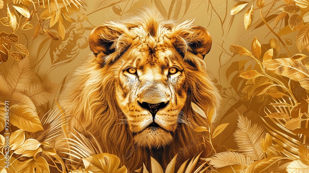 Chic and majestic, this golden line art features a lion in its natural ...