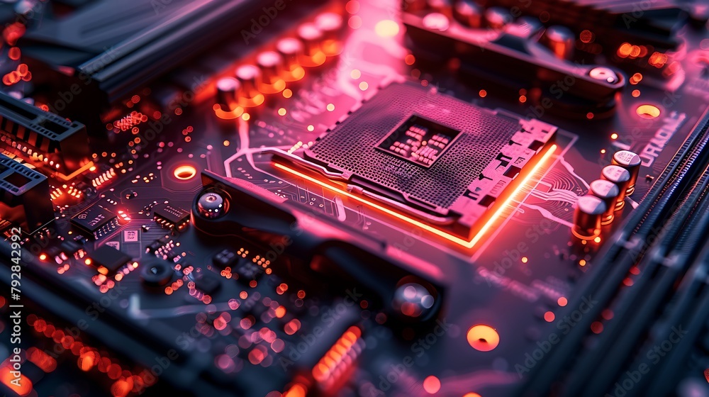 Focus on a thermal heat map of a gaming motherboard under load ...