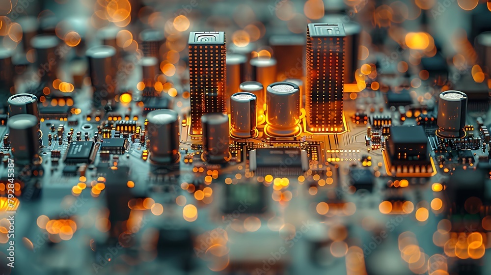 A panoramic close-up view under the microscope of a motherboard ...