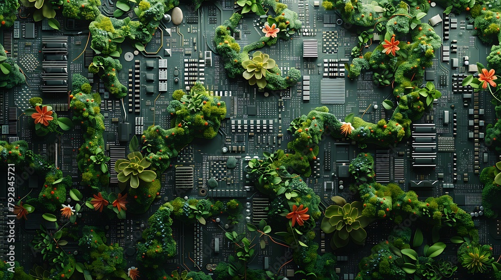 A panoramic view of a motherboard transformed into a living ecosystem ...