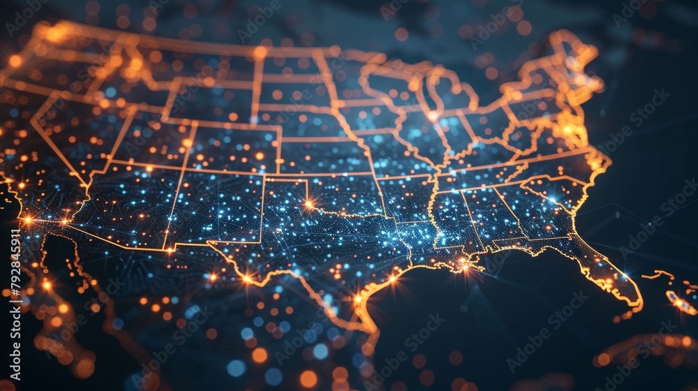 USA digital map is an artistic representation of the connectivity and ...