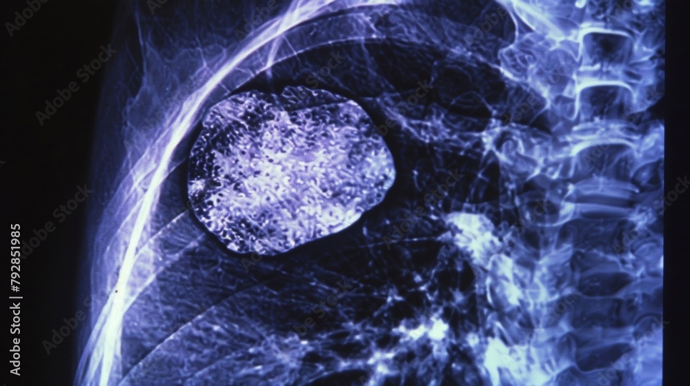 Closeup of a mammogram scan showing a small of calcifications an early ...