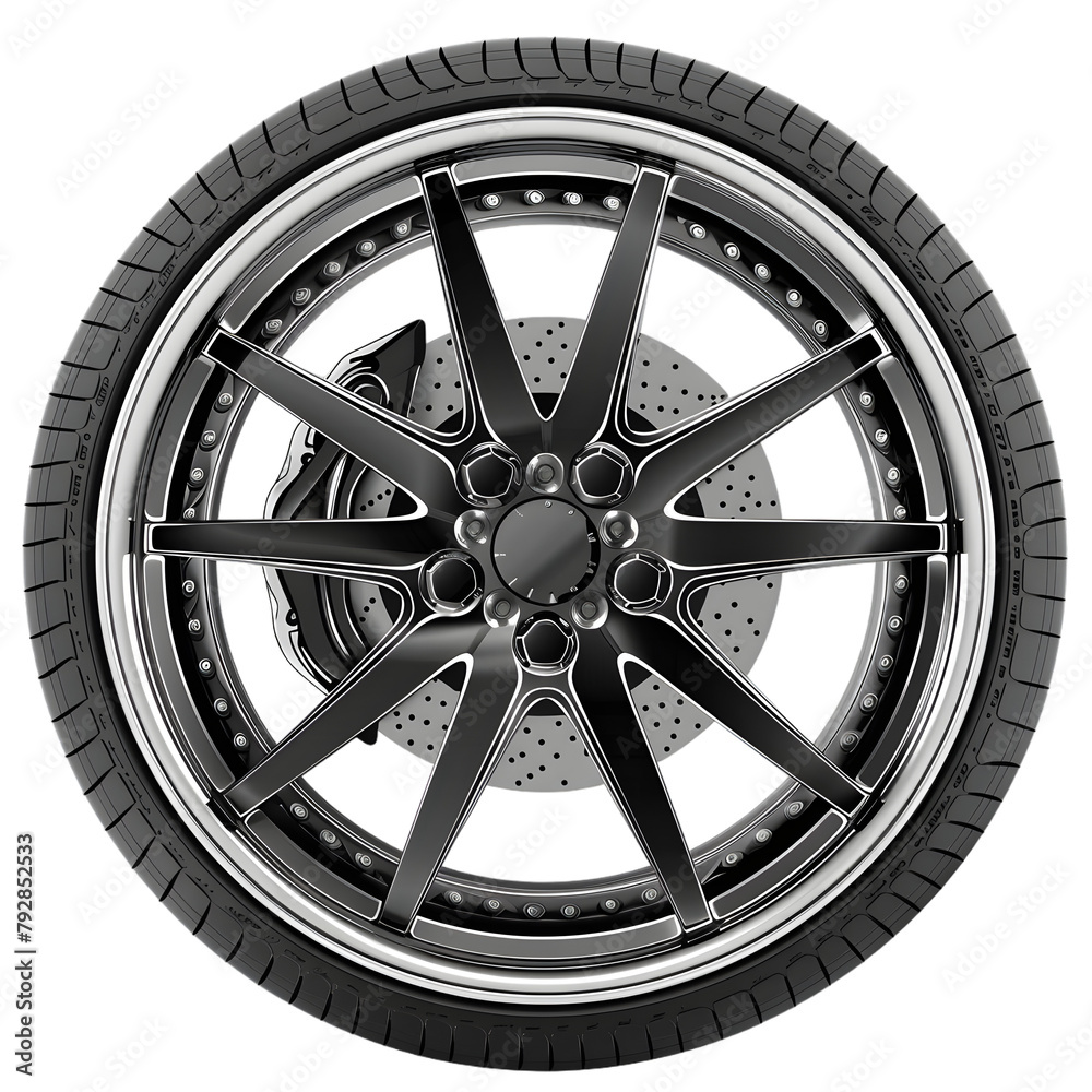 modern sports car wheel, detailed with a sleek tire tread and ...