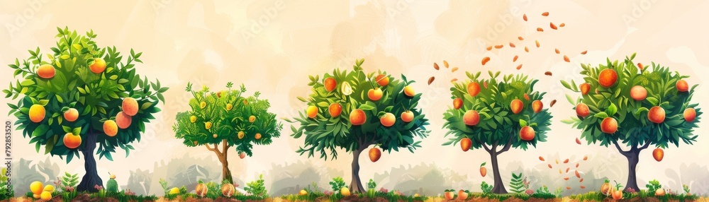 An educational poster scene depicting different stages of mango growth ...