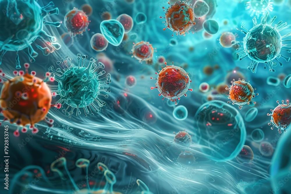 Microenvironment concept with virus cells, T-Cells, nanoparticles ...