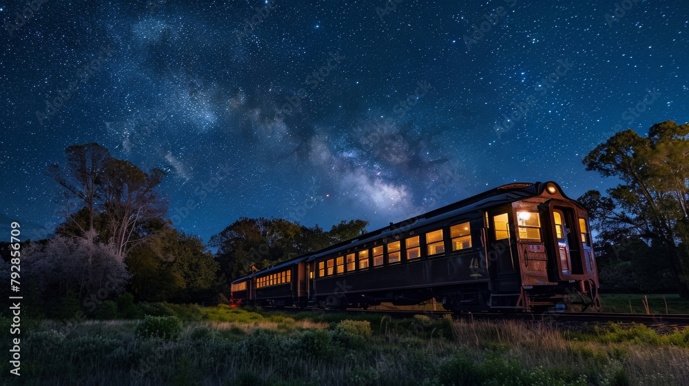 A vintage train car makes its way through the serene countryside under ...