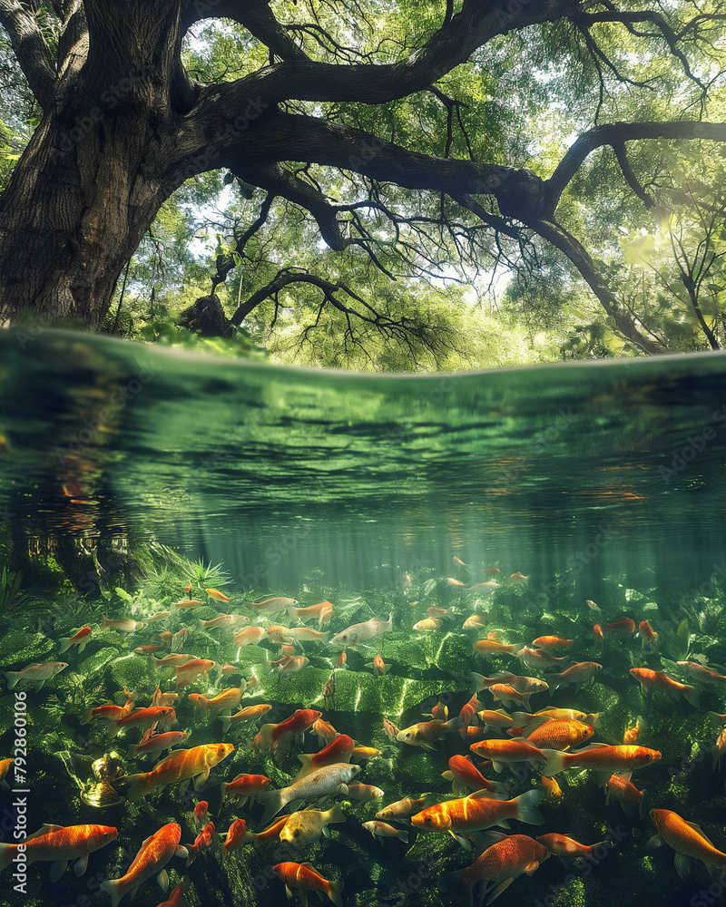 Swamp with clear water in deep forest at morning with half under water ...